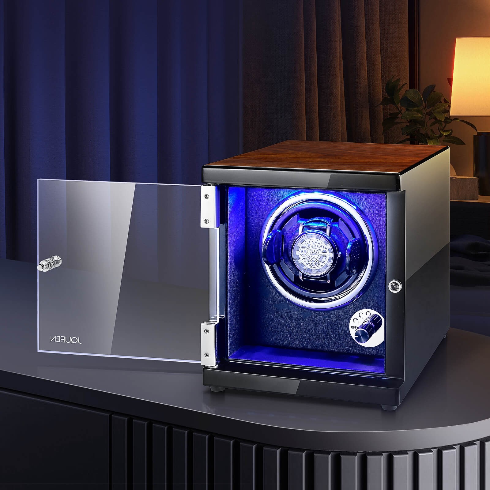 JQUEEN Single Watch Winder for Automatic Watches, Walnut Paint LED ...